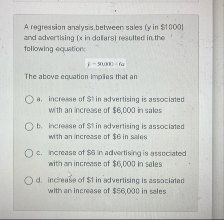 Solved A regression analysis, between sales ( y ﻿in $1000 ) | Chegg.com
