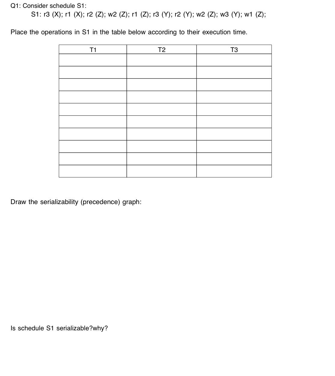 Solved Q1: Consider schedule S1:S1: r3 (X); r1 (X); r2 (Z); | Chegg.com