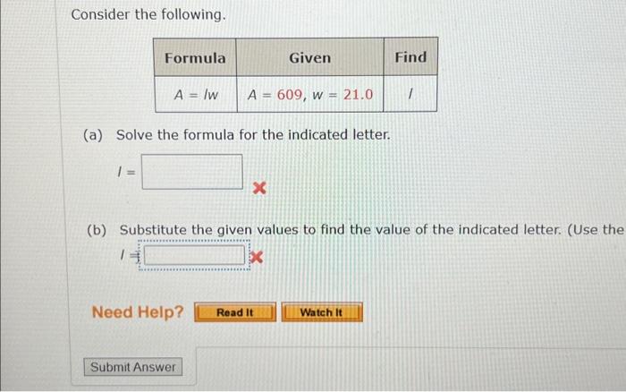 Solved Consider the following. Formula 1= A = /w (a) Solve | Chegg.com