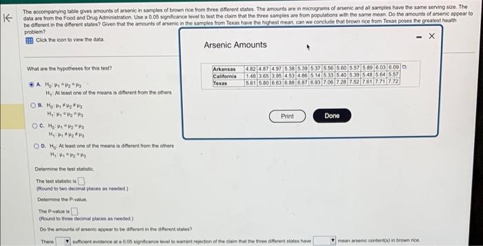 Solved The ascompanying table gives amounts of arsenic in | Chegg.com