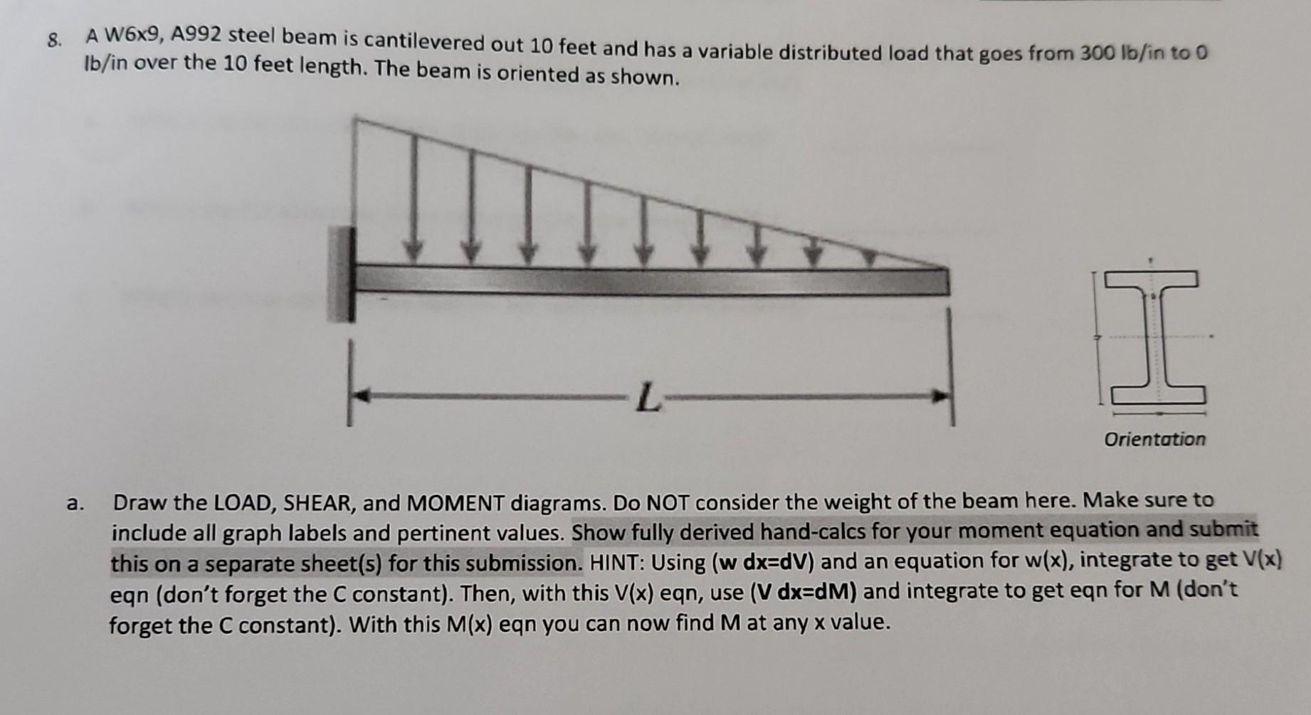 Solved 8. A W6x9, A992 steel beam is cantilevered out 10 | Chegg.com
