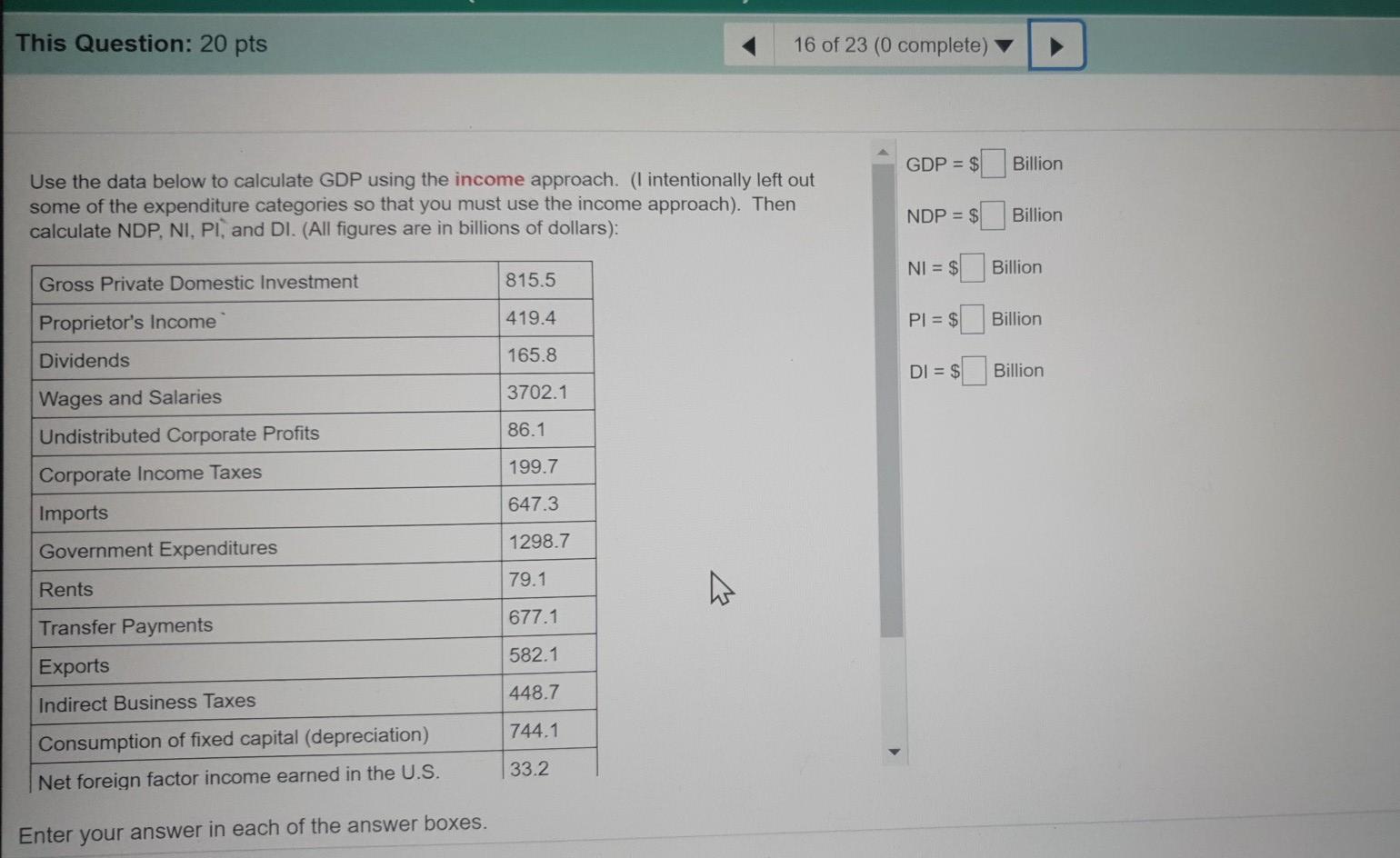 Solved This Question: 20 pts 16 of 23 (0 complete) GDP = $ | Chegg.com