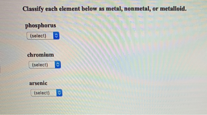 Solved Classify each element below as metal, nonmetal, or | Chegg.com