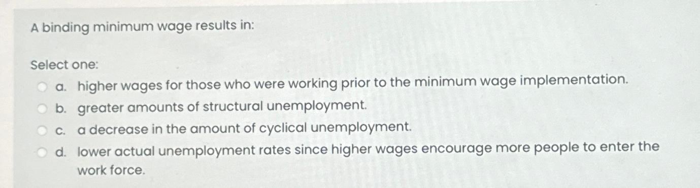 Solved A binding minimum wage results in:Select one:a. | Chegg.com