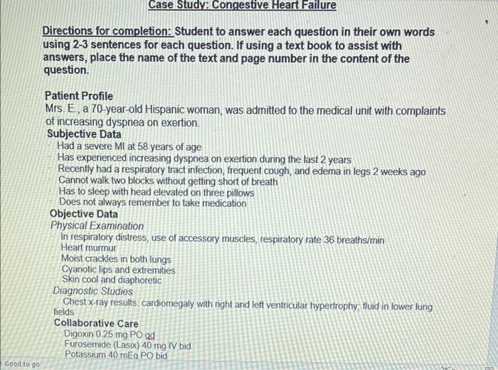 Solved Case Study: Congestive Heart Failure Directions for | Chegg.com