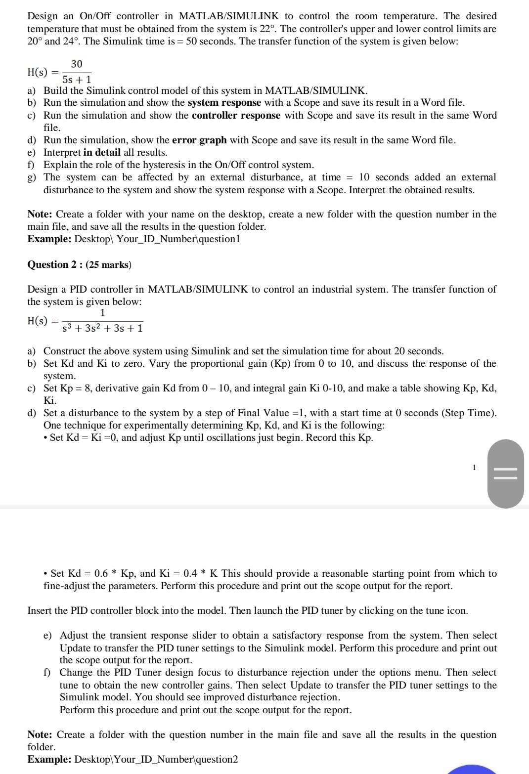 Solved Design an On/Off controller in MATLAB/SIMULINK to | Chegg.com