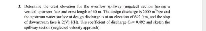 Solved 3. Determine the crest elevation for the overflow | Chegg.com
