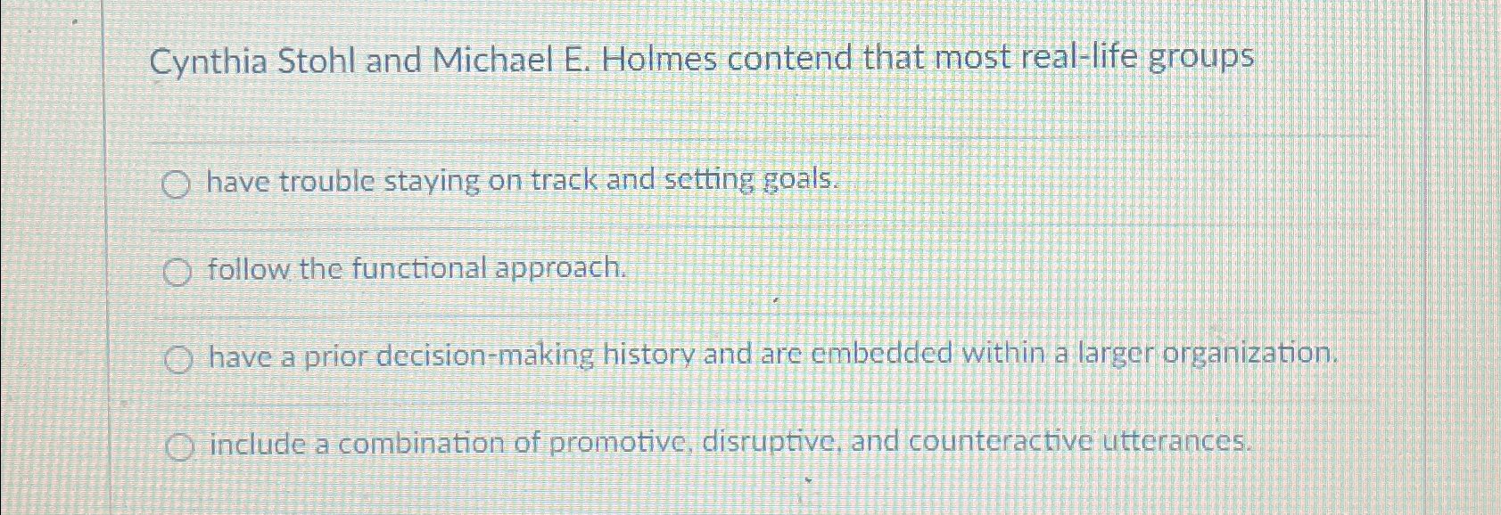 Solved Cynthia Stohl and Michael E. ﻿Holmes contend that | Chegg.com