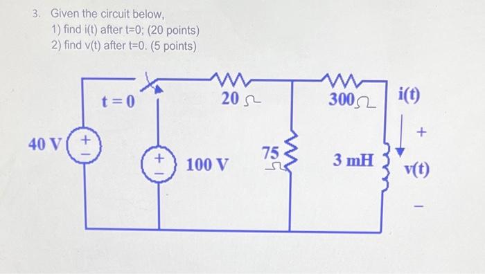 Solved 3. Given the circuit below, 1) find i(t) after t=0; | Chegg.com