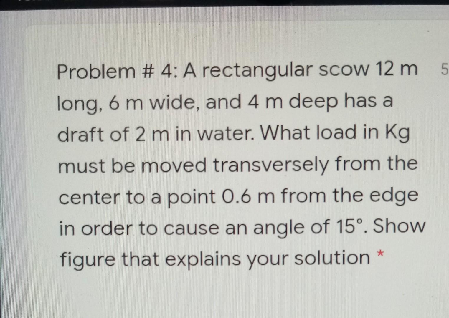 Solved 5 Problem # 4: A rectangular scow 12 m long, 6 m | Chegg.com