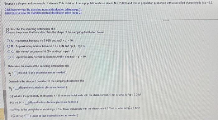 Solved Suppose a simple random sample of size n=75 is | Chegg.com