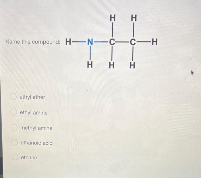 Solved ethyl ether ethyl amine methyl amine ethanoic acid | Chegg.com