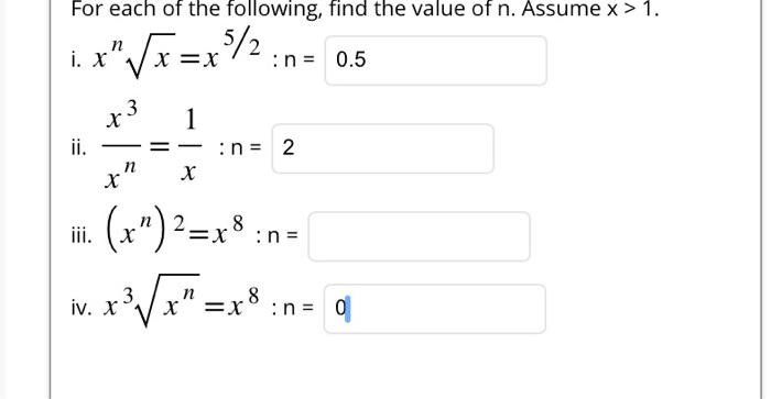 Solved For each of the following, find the value of n. | Chegg.com