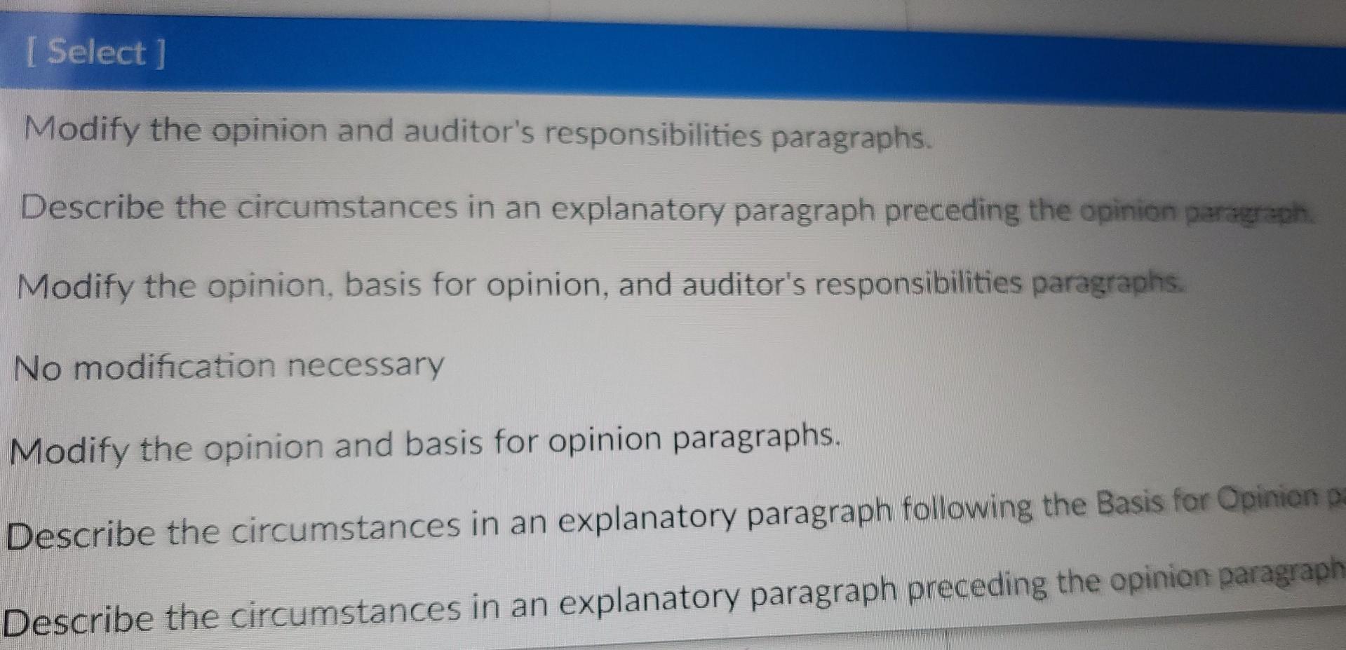Solved [ Select] Unmodified audit opinion Adverse audit | Chegg.com