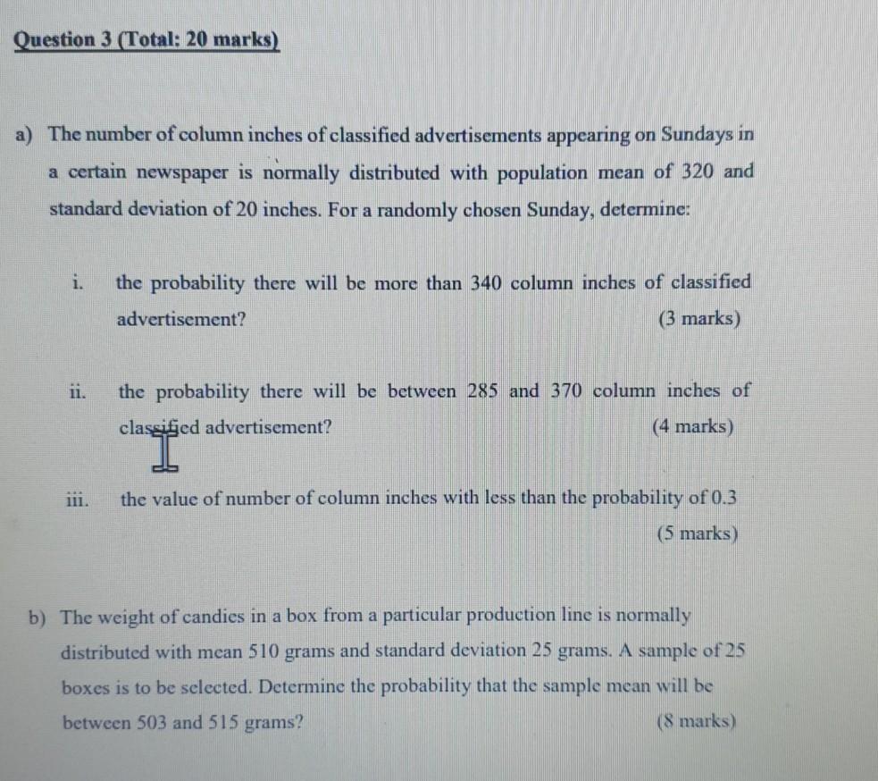 Solved Question 3 (Total: 20 marks) a) The number of column | Chegg.com
