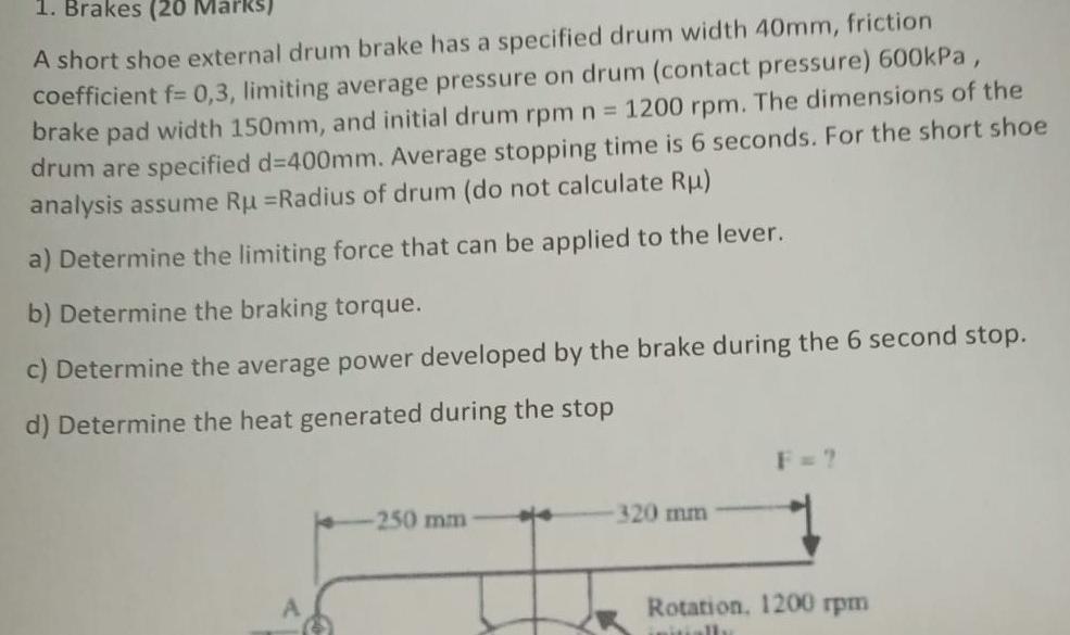Solved A short shoe external drum brake has a specified drum | Chegg.com