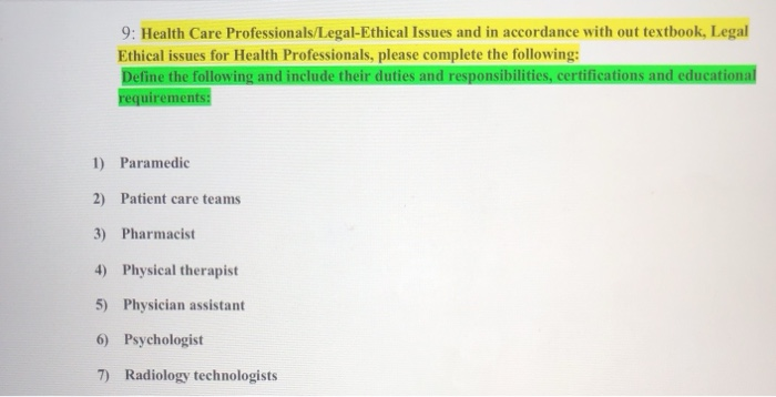 Solved 9: Health Care Professionals/Legal-Ethical Issues and | Chegg.com