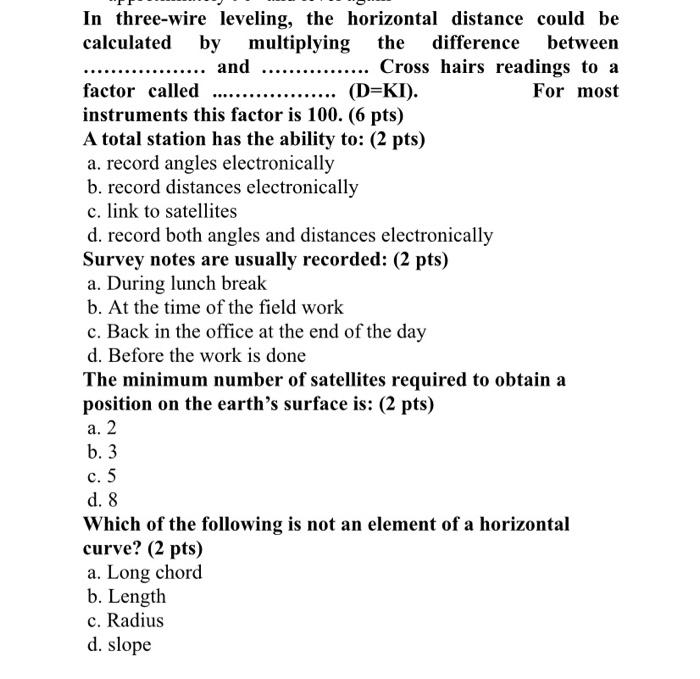 Solved In three-wire leveling, the horizontal distance could | Chegg.com