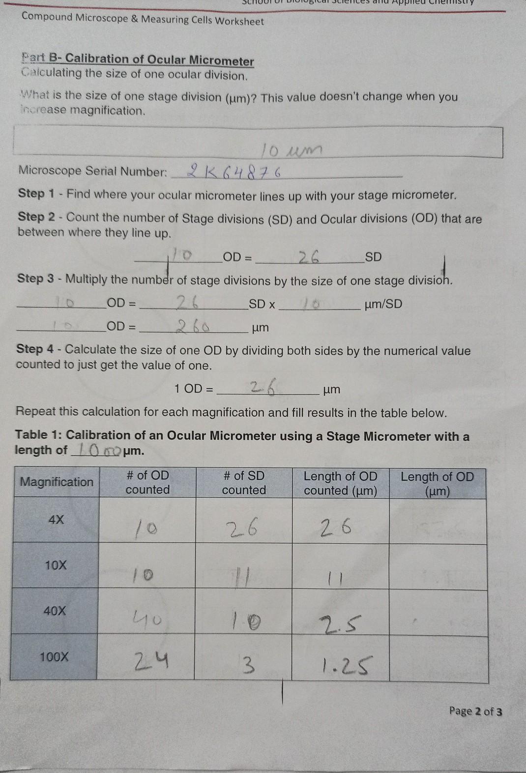 Compound Microscope & Measuring Cells Worksheet Part | Chegg.com