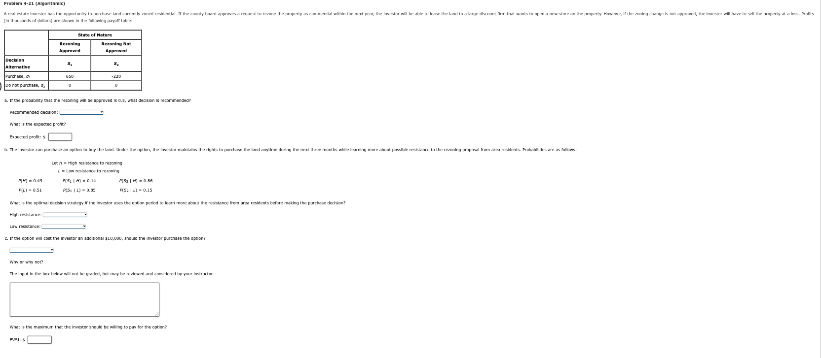 Solved Problem 4-21 (Algorithmic)(In thousands of dollars) | Chegg.com