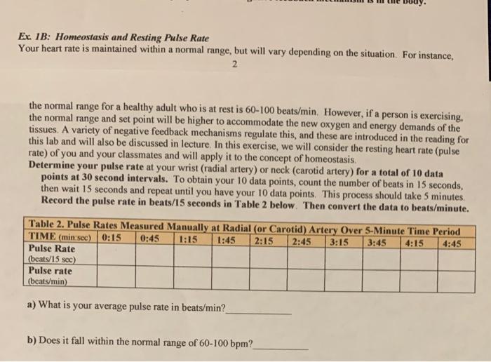 Solved Ex. 1B: Homeostasis and Resting Pulse Rate Your heart | Chegg.com