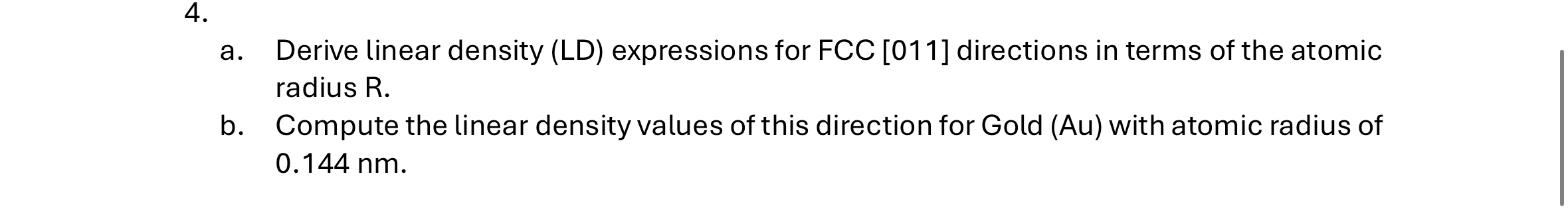 Solved a. ﻿Derive linear density (LD) ﻿expressions for FCC | Chegg.com