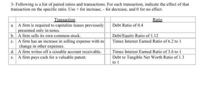 Solved 3- Following is a list of paired ratios and | Chegg.com