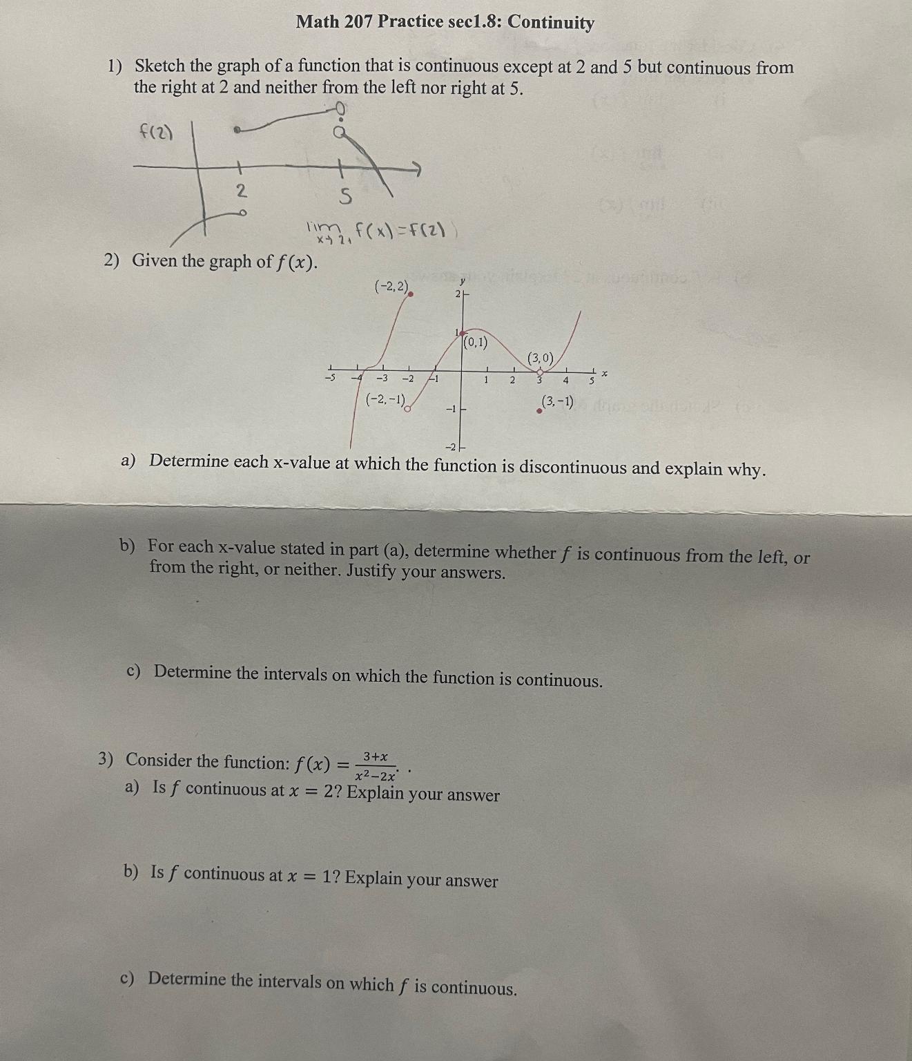 Solved Math 207 ﻿Practice sec1.8: ContinuitySketch the graph | Chegg.com
