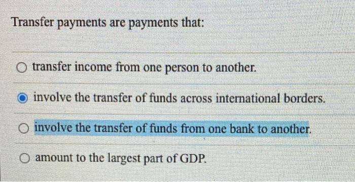Solved Transfer payments are payments that: transfer income | Chegg.com