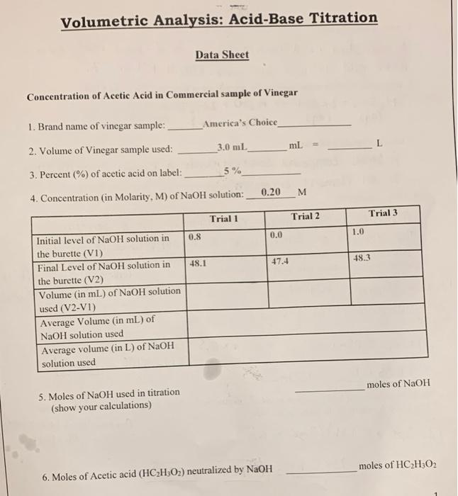 Solved Volumetric Analysis: Acid-Base Titration Data Sheet | Chegg.com