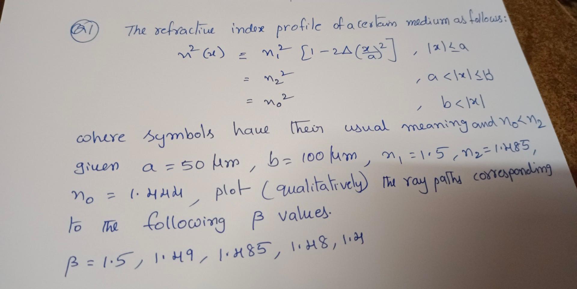 n2(x)≡n12[1−2Δ(ax)2]=n22=n02,∣x∣≤aa