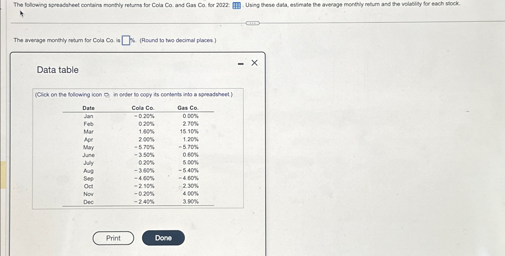 Solved The following spreadsheet contains monthly returns | Chegg.com