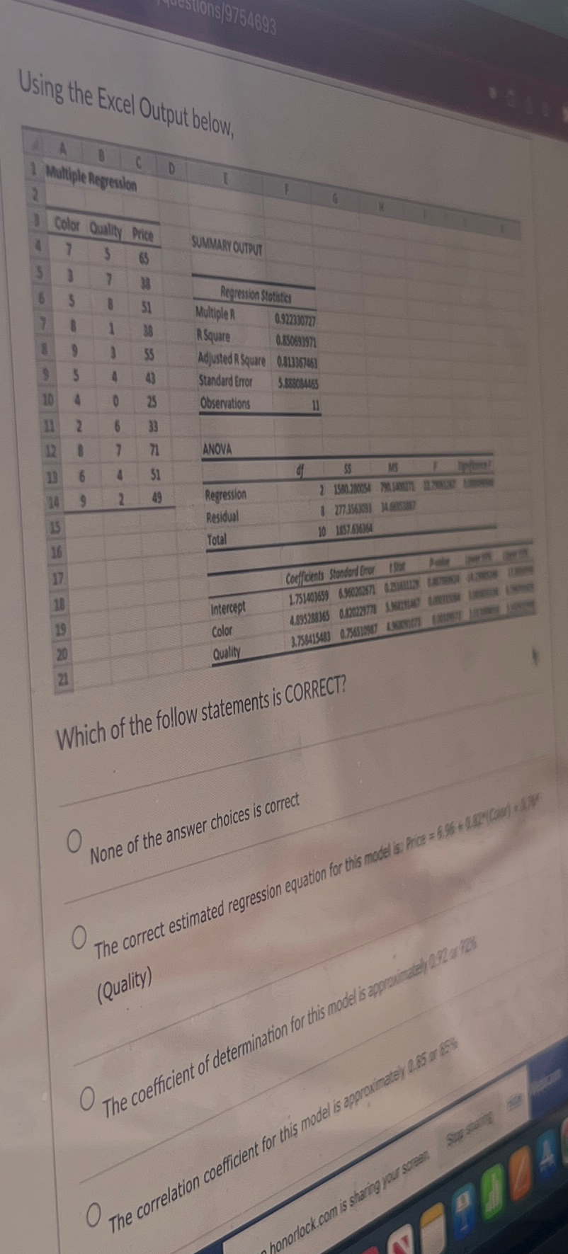 Using the Excel Output below,Which of the follow | Chegg.com