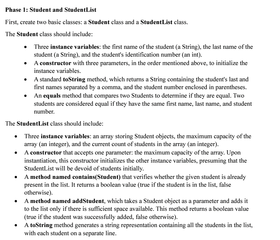 Solved Phase 1: Student and StudentListFirst, create two | Chegg.com