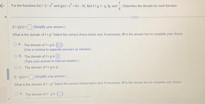 Solved For the functions f(x)=2−x2 and g(x)=x2+6x−16, find | Chegg.com