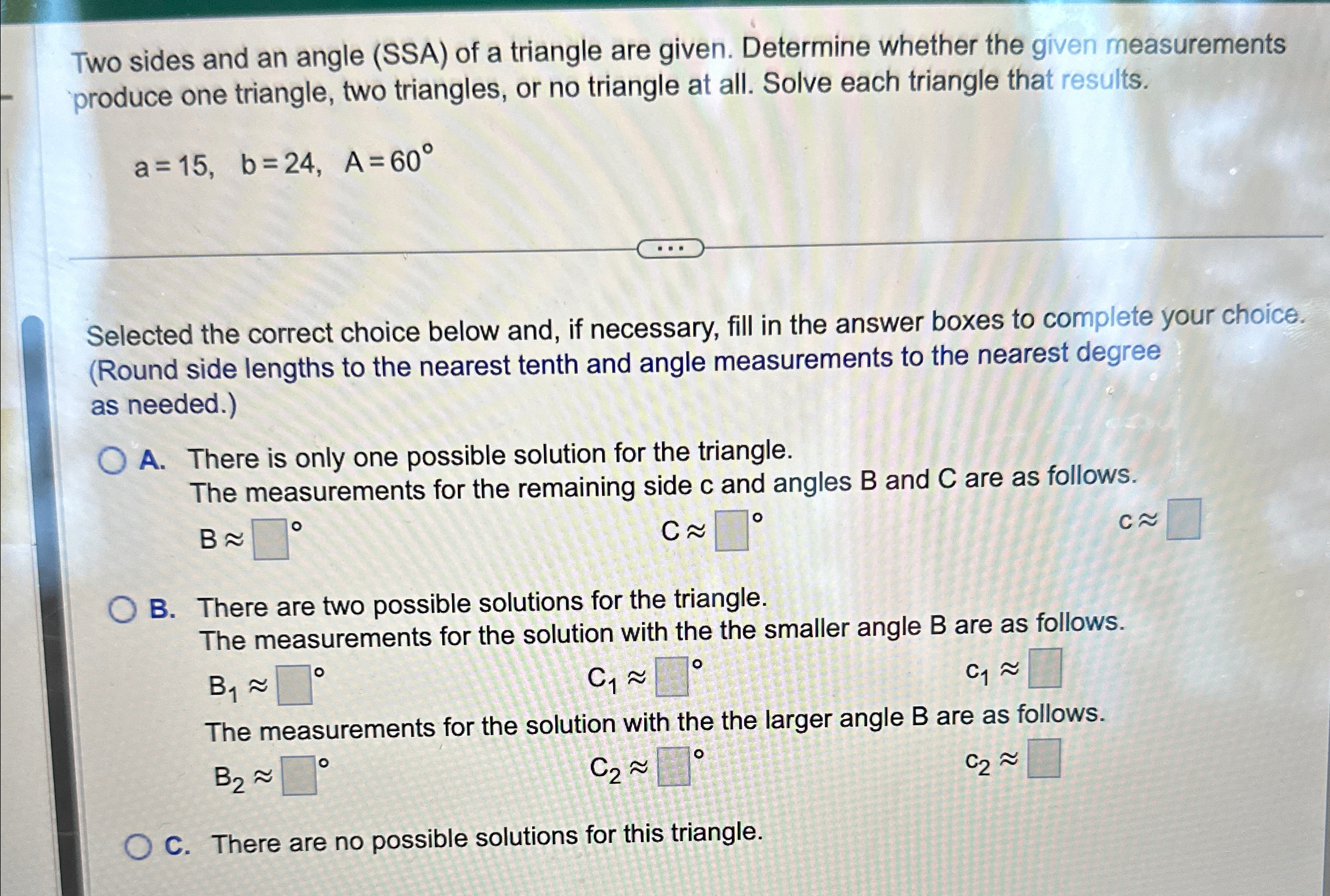 Solved Two sides and an angle (SSA) ﻿of a triangle are | Chegg.com