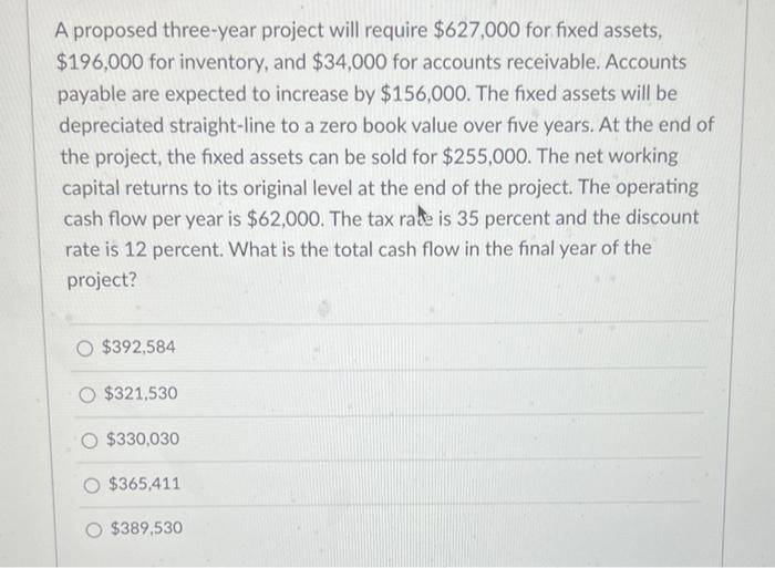 Solved A proposed three-year project will require $627,000 | Chegg.com