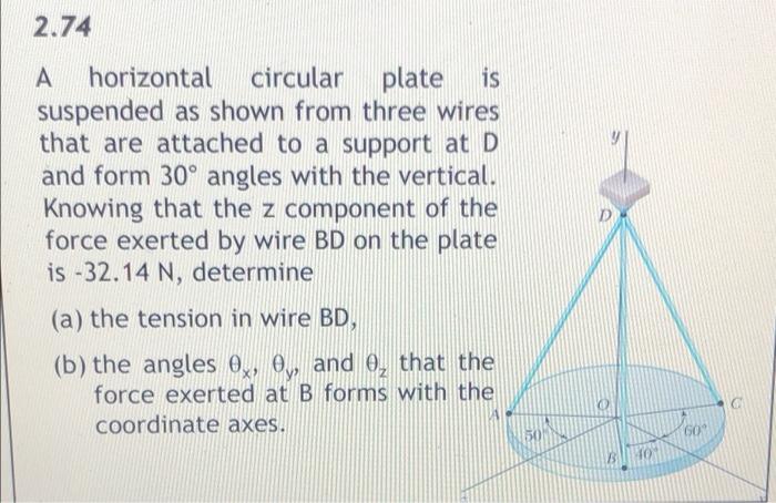 Solved 2.74 A horizontal circular plate is suspended as | Chegg.com