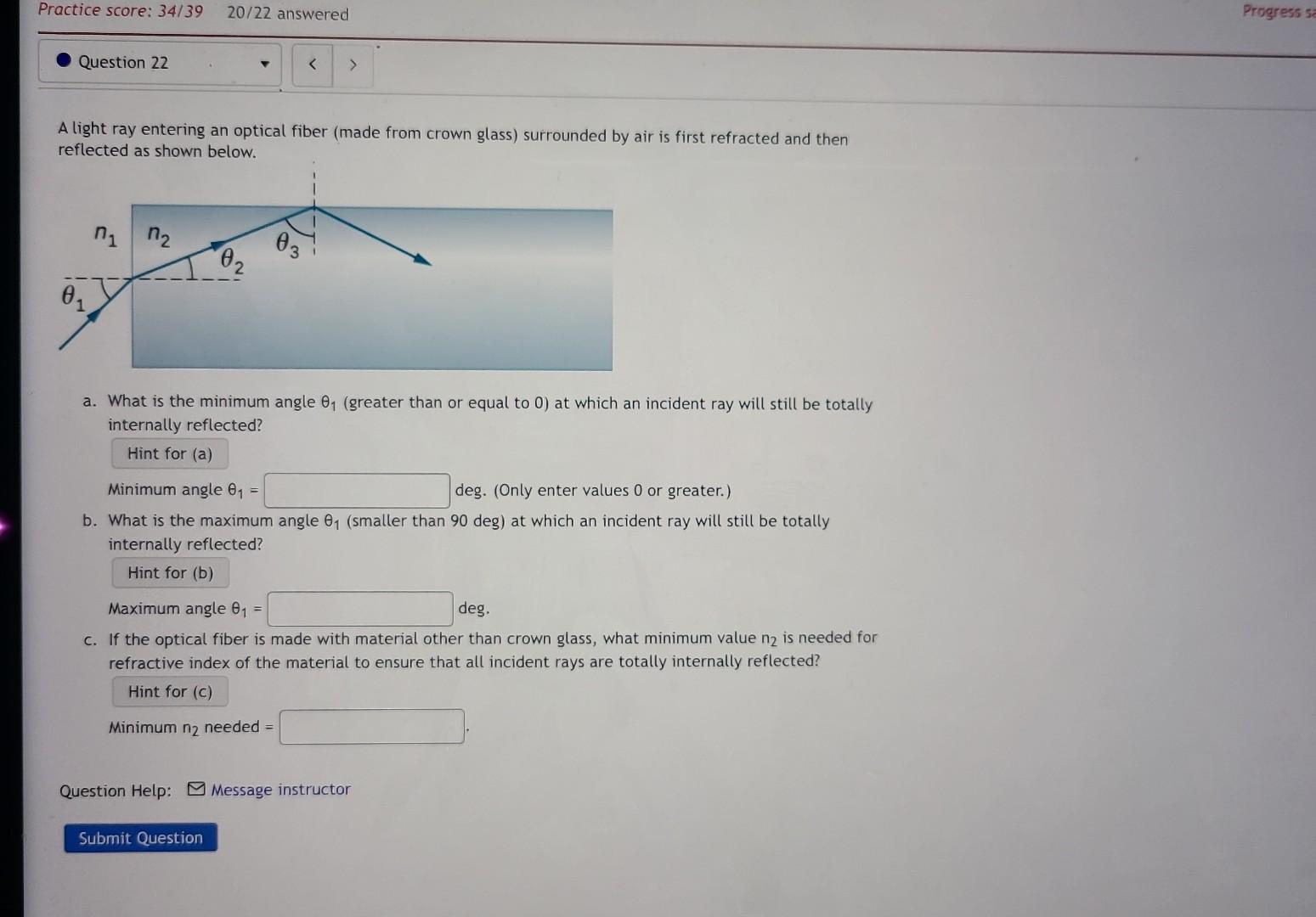 Solved A light ray entering an optical fiber (made from | Chegg.com