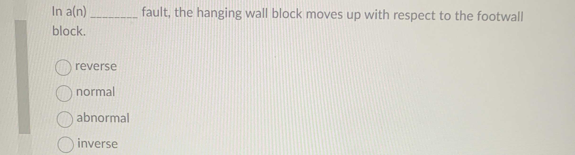 Solved In a(n) ﻿fault, the hanging wall block moves up | Chegg.com