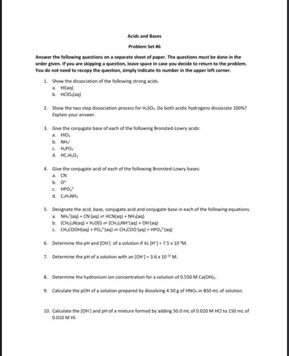 Solved Acids and Bases Problem Set 86 Answer the following | Chegg.com