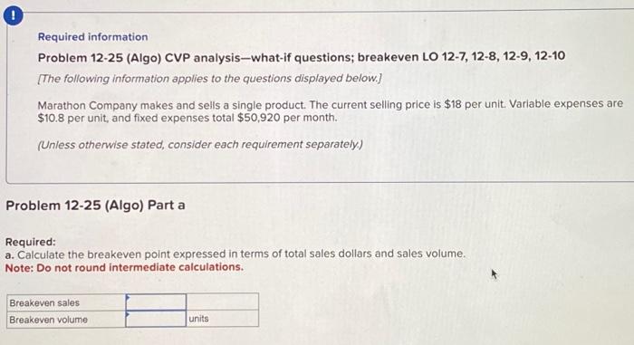 Solved Required information Problem 12-25 (Algo) CVP | Chegg.com