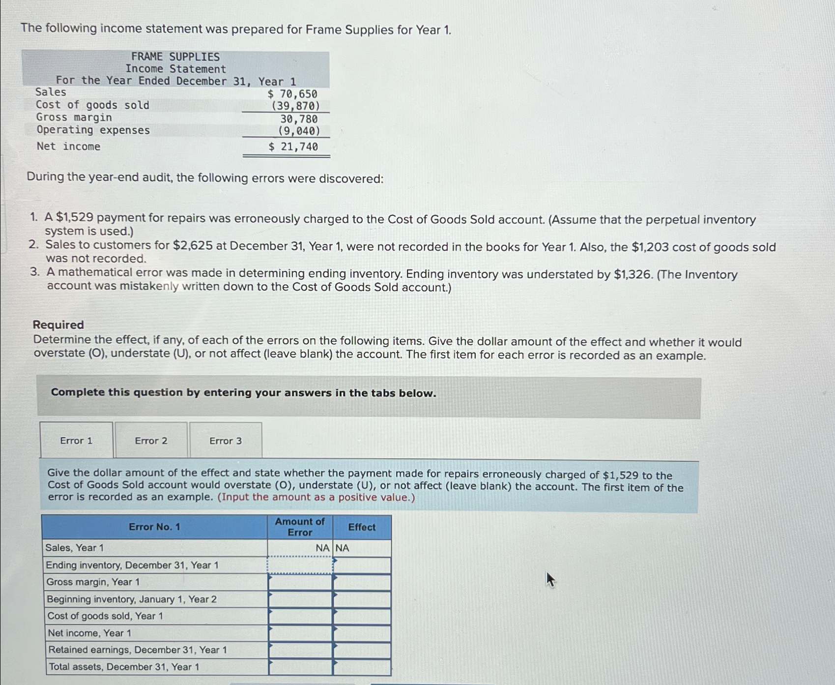 Solved The following income statement was prepared for Frame | Chegg.com