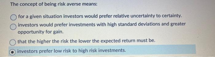 Solved The concept of being risk averse means: for a given | Chegg.com