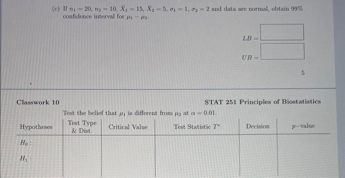 Solved c) If n1=20,n2=10,Xˉ1=15,Xˉ2=5,σ1=1,σ2=2 and data are | Chegg.com