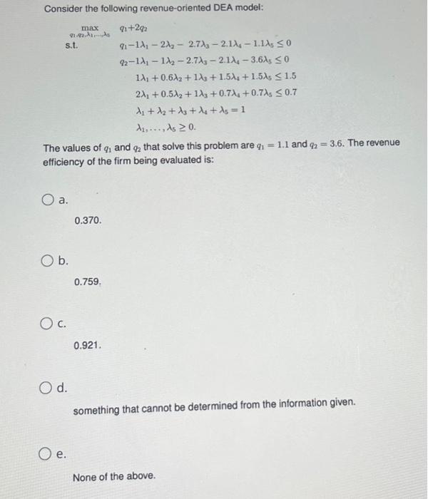 Solved Consider the following revenue-oriented DEA model: | Chegg.com