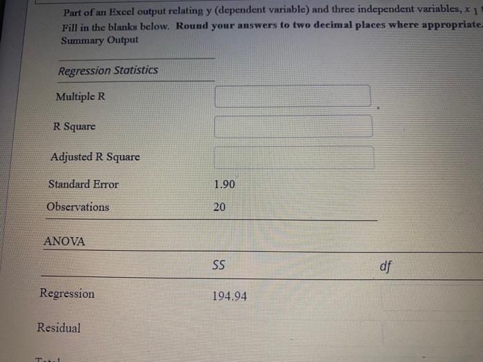 Part Of An Excel Output Relating Y Dependent 