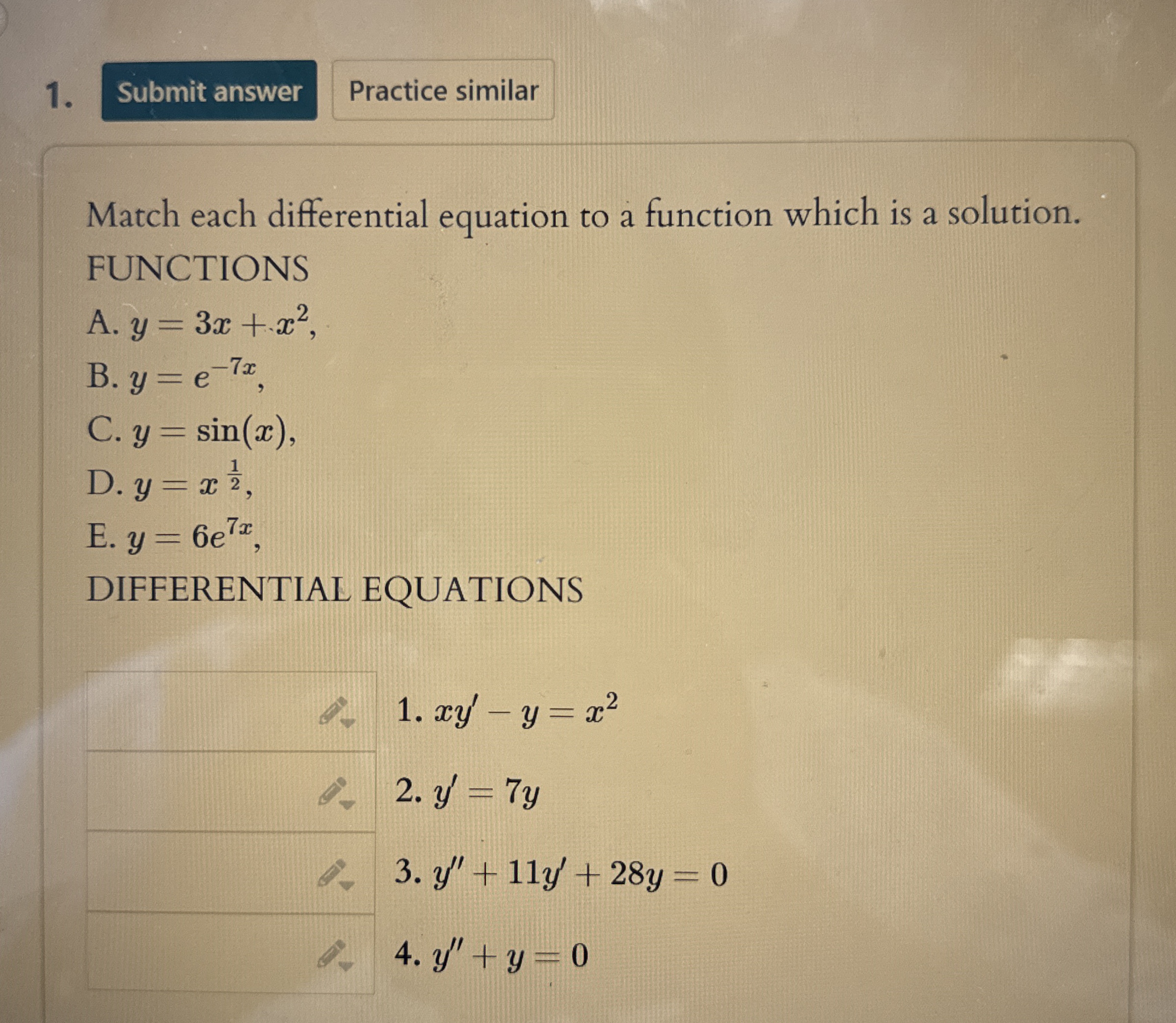 Solved Match each differential equation to a function which | Chegg.com