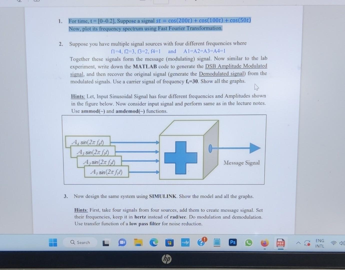 Solved 1. For time, t= [0~0.2], Suppose a signal st = | Chegg.com