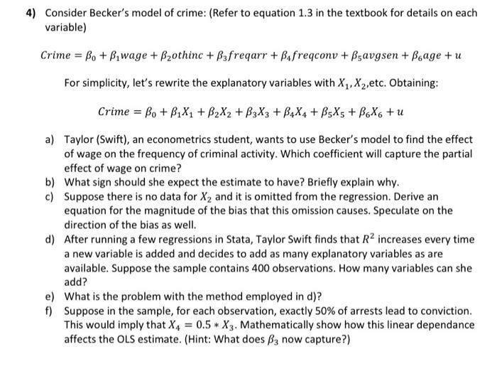 4) Consider Becker's model of crime: (Refer to | Chegg.com